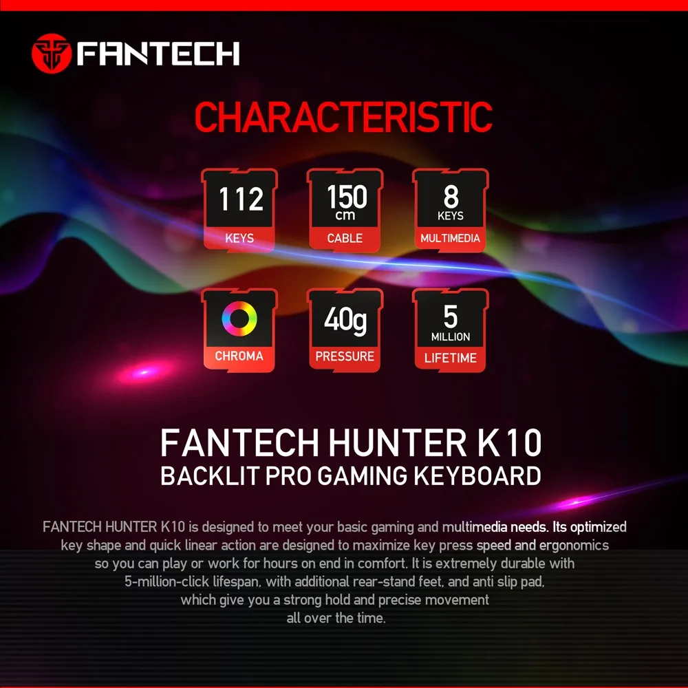 Gaming Keyboard - K10 HUNTER Fantech Professional Gaming Keybaoard with LED