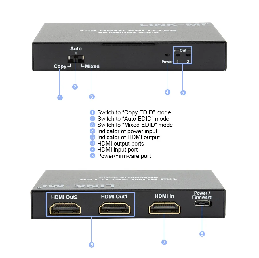 1 In 2 Out Hdmi Splitter 1x2 Uhd 3840x2160@60hz Yuv 4:4:4 3d Hdr Edid ...