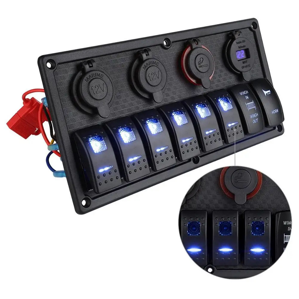 Led Car Rocker Switch Panel Dc 12v 24v Black Waterproof 8 Gang Hole ...