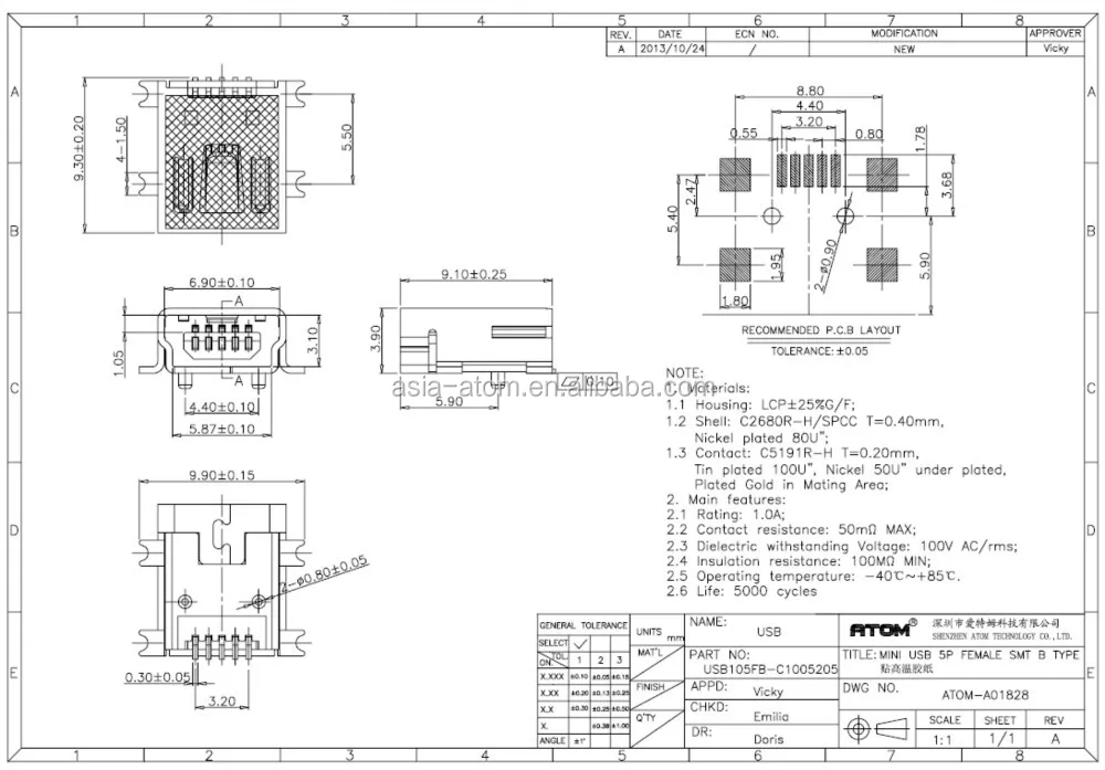 Mini Usb 5 Pin Smt Female Connector With Post Peg And Mylar Reel ...