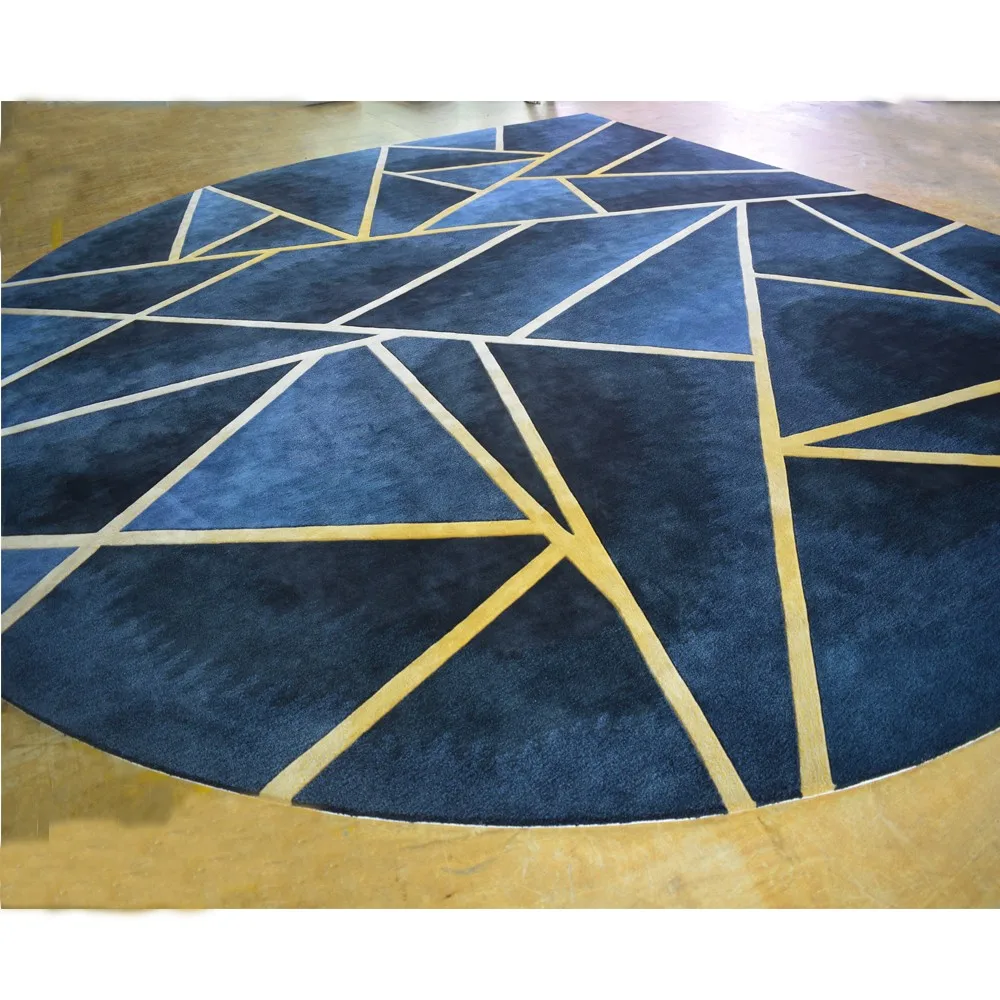 Navy Blue Geometric Rug with Gold Line - Luxury Carpet
