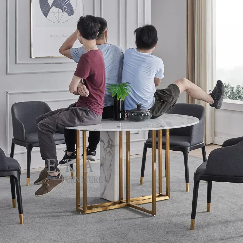Modern Luxury Stainless Steel Titanium Natural Marble Round Dining ...