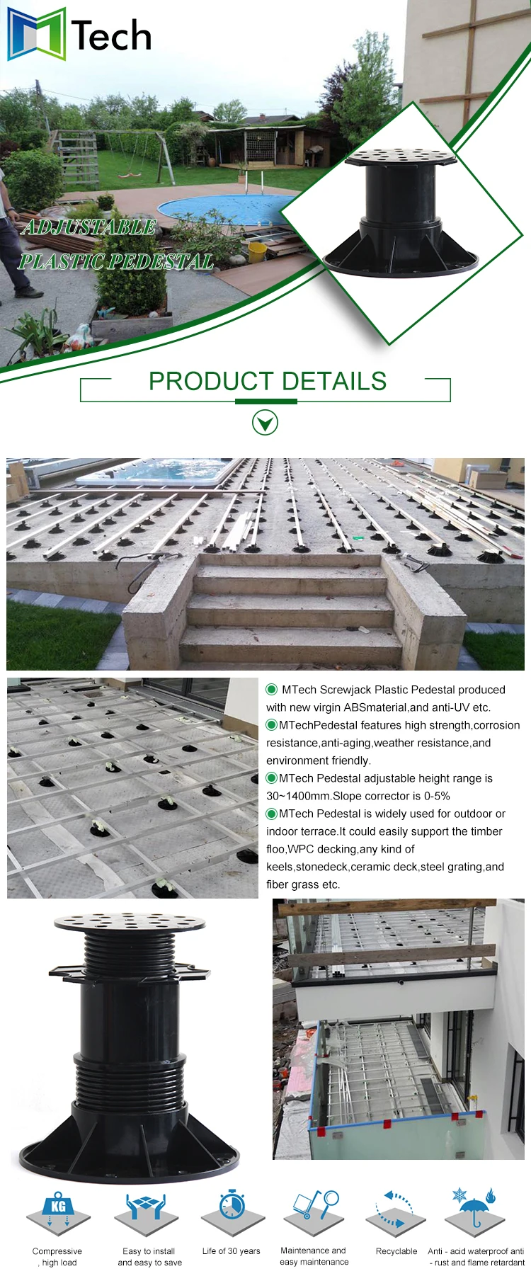 Adjustable Plastic Paver Pedestal For Outdoor Raised Decking Boards ...