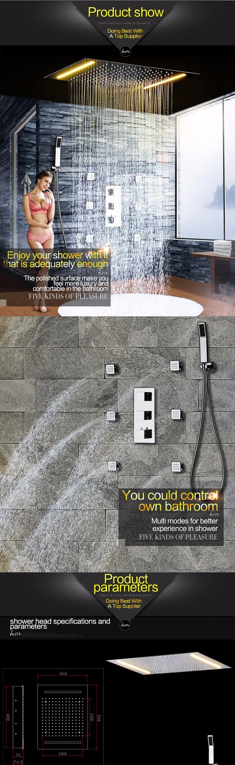 6 PCS Massage Shower Body Jets LED Shower Panel Thermostatic