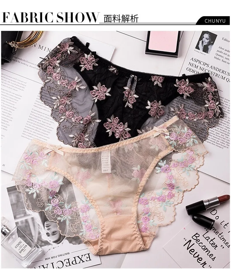 Women Embroidery Translucent Panties Sexy Underwear Girls Underpants Briefs Custom Packaging