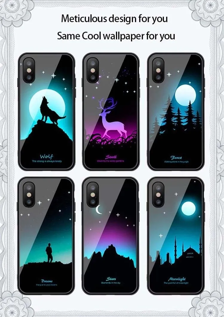 Luminous Night Light Tempered Glass Back Cover Soft Tpu Edge Glow In ...