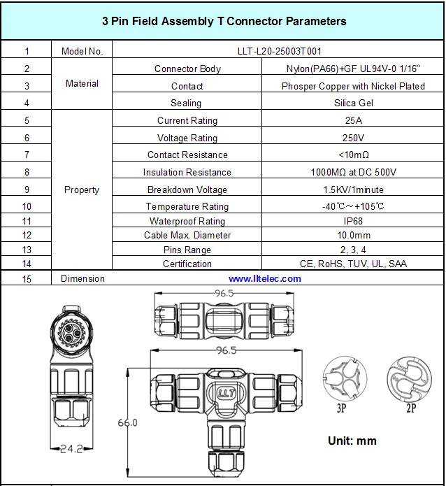 2 Pin 3 Pin 4 Pin IP68 Solderless Screw Terminal Waterproof T Connector