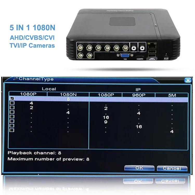 AHD 1080N 5-IN-1 Hybrid HD Video Recorder - 8CH Mini CCTV DVR