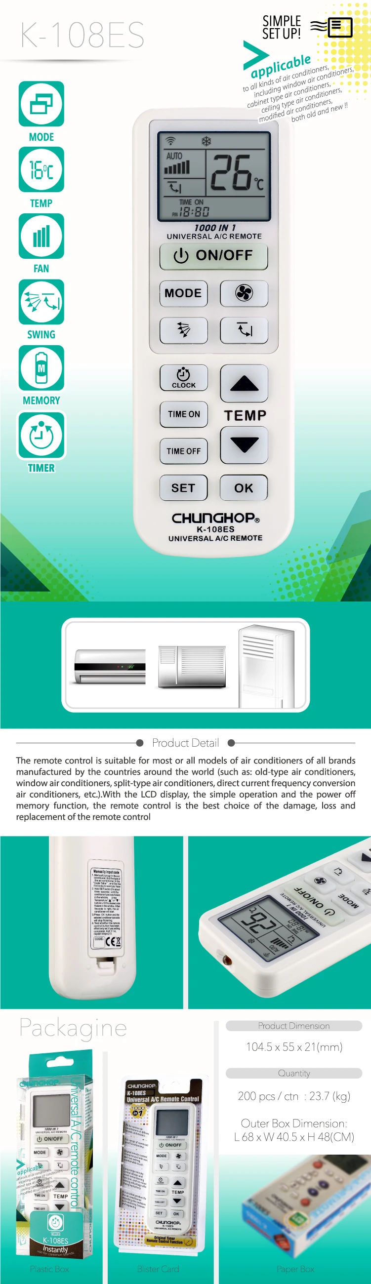 K 108es Universal Ac Control Remote With Chunghop Remote Codes Buy Ac