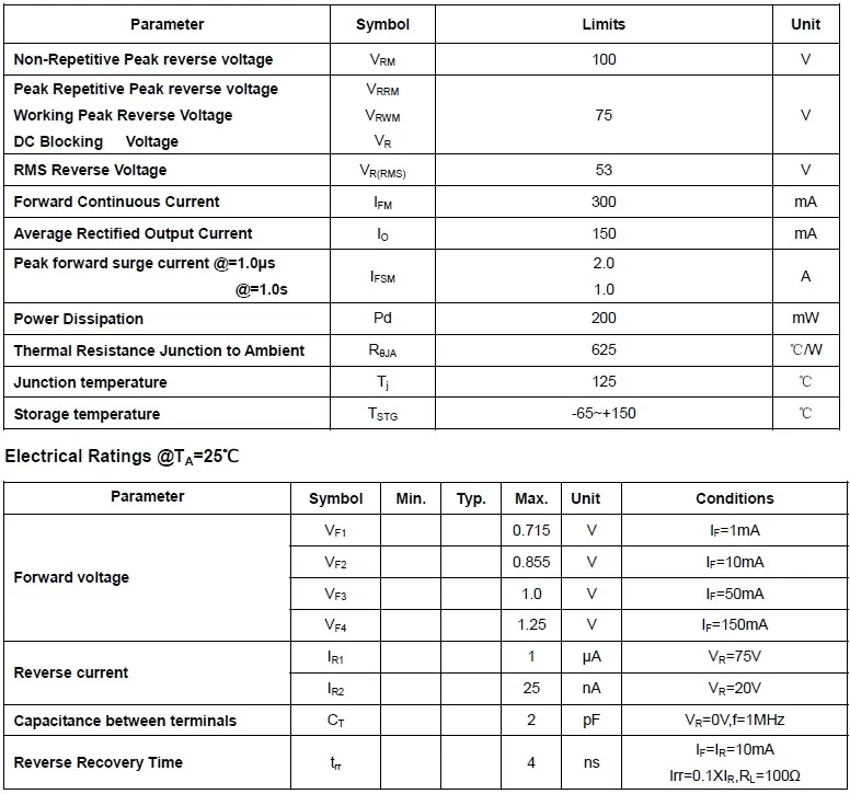 SOD-323 Package SMD Switching Diode 1N4148WS T4 Diode