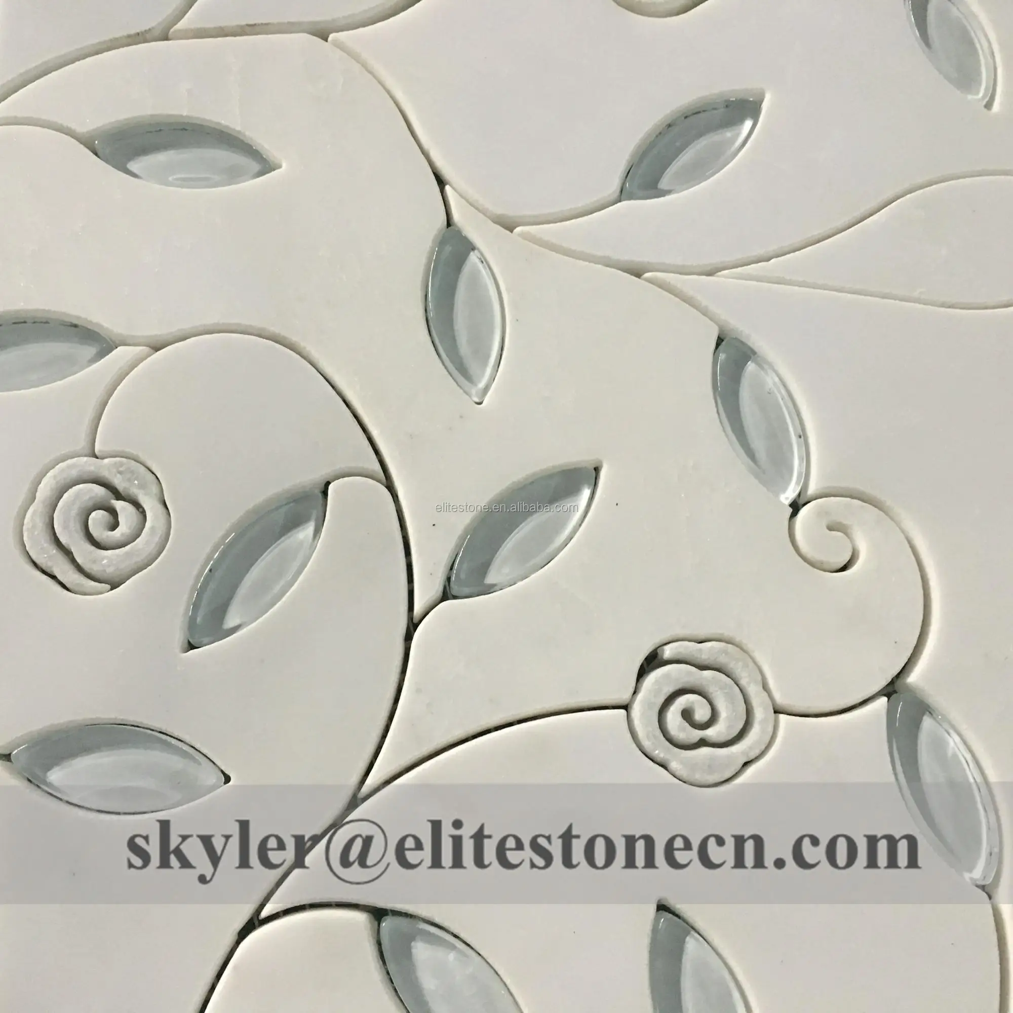 Glass Mixed Marble Flower Leaves Pattern Waterjet Tile Mosaic