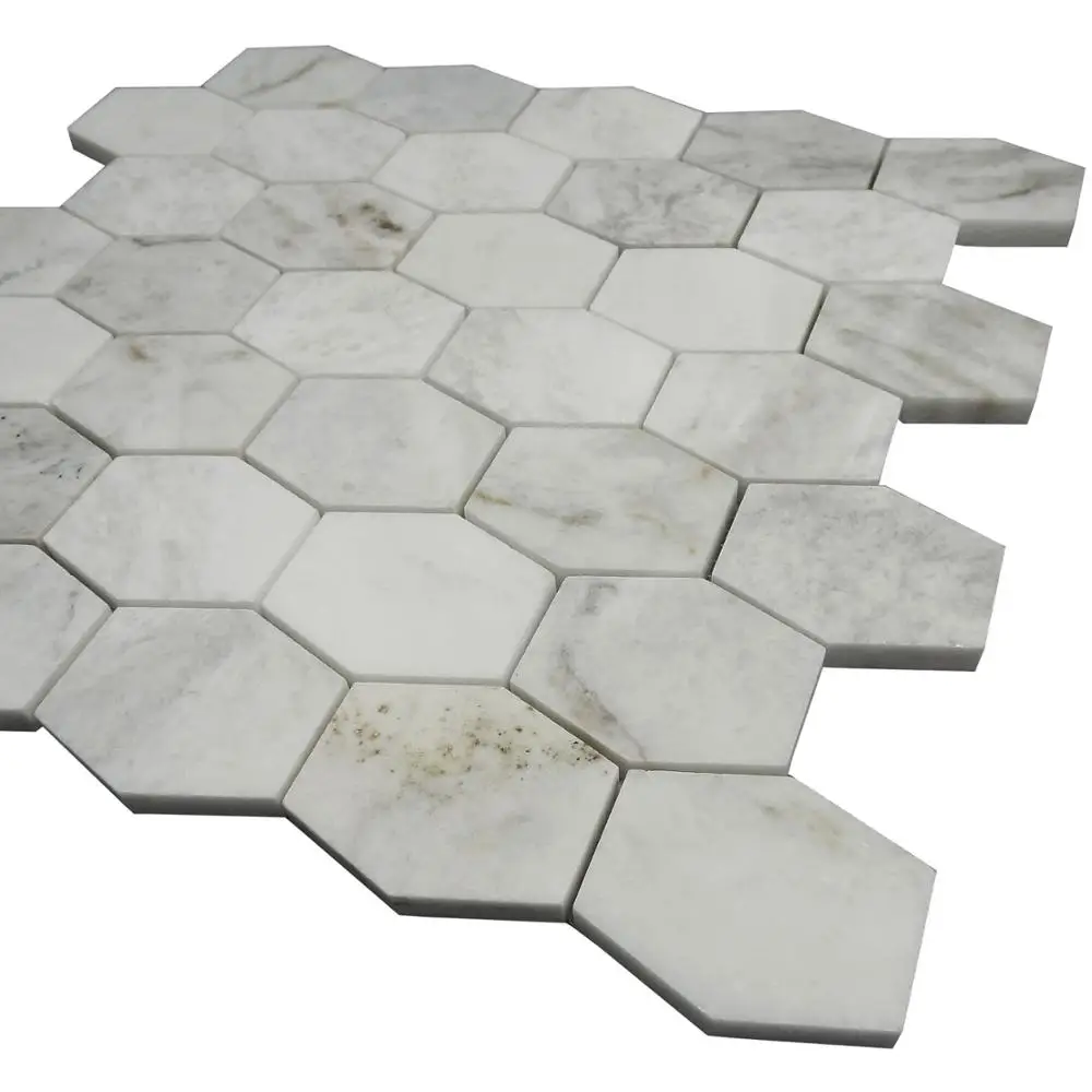 Snow White Long Hexagon Floor Tile Marble Stone Back Mesh Mosaic Tile ...