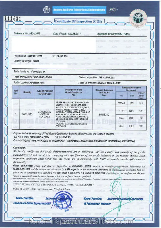 Iran Sdoganamento Generatore Elettrico Per Moto Certificato Di Esportazione Voc/coi Verifica ...