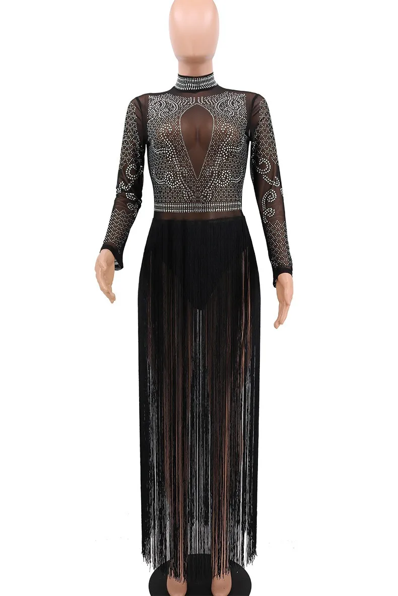 Womens Diamond Sexy Sheer Mesh Lace Dress Long Sleeve Maxi Dresses ...