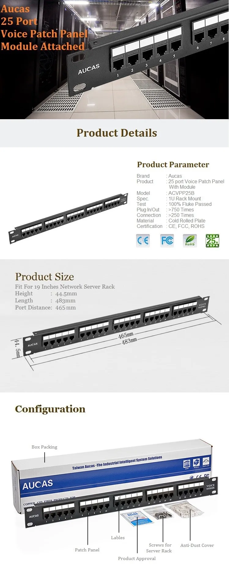 Aucas 1U 25 port RJ11 modular type telephone voice patch panel Products ...