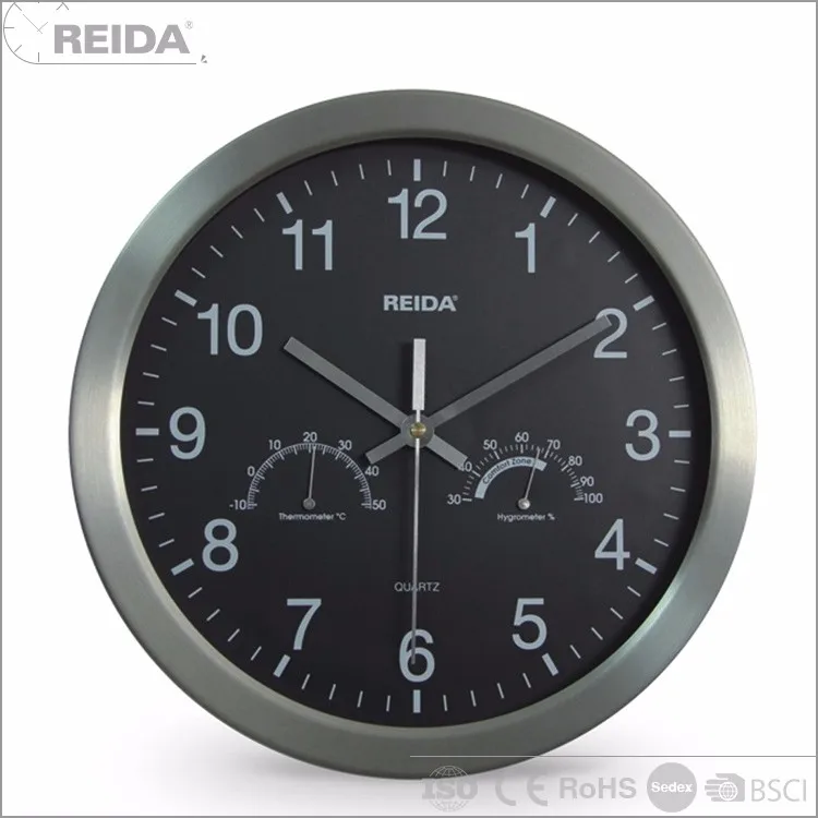 Wholesale 12 Inch Metal Black Quartz Round Wall With Temperature And ...