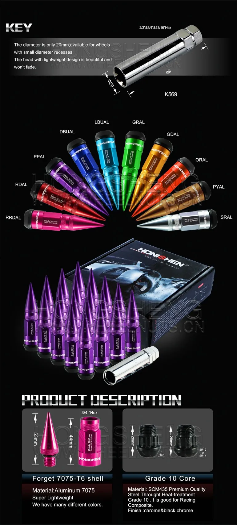 20+1 Packing Colored Aluminium Cover + Alloy Steel Racing Car Spiked ...