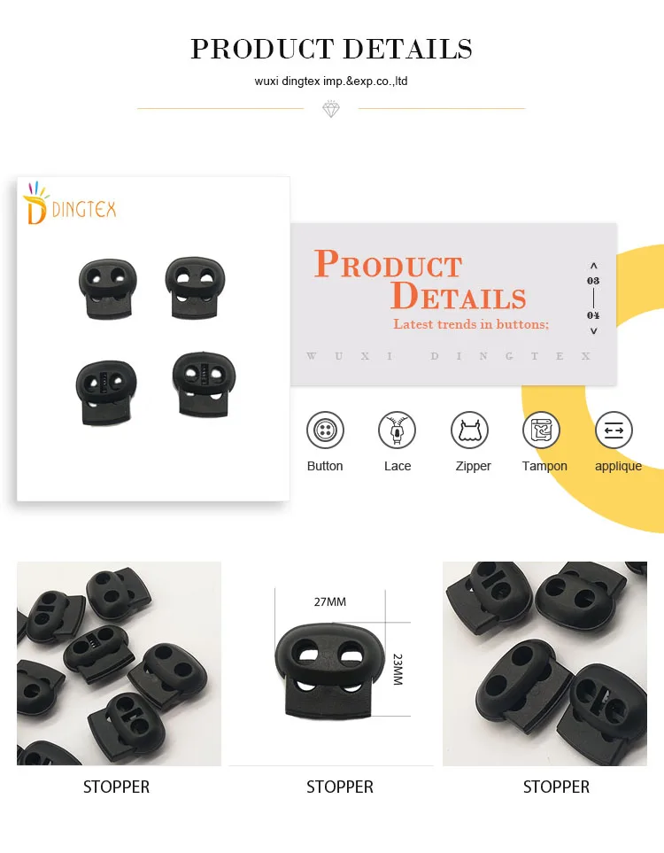 High Quality Black Spring Adjustable Plastic Cord Stopper With Two Hole ...