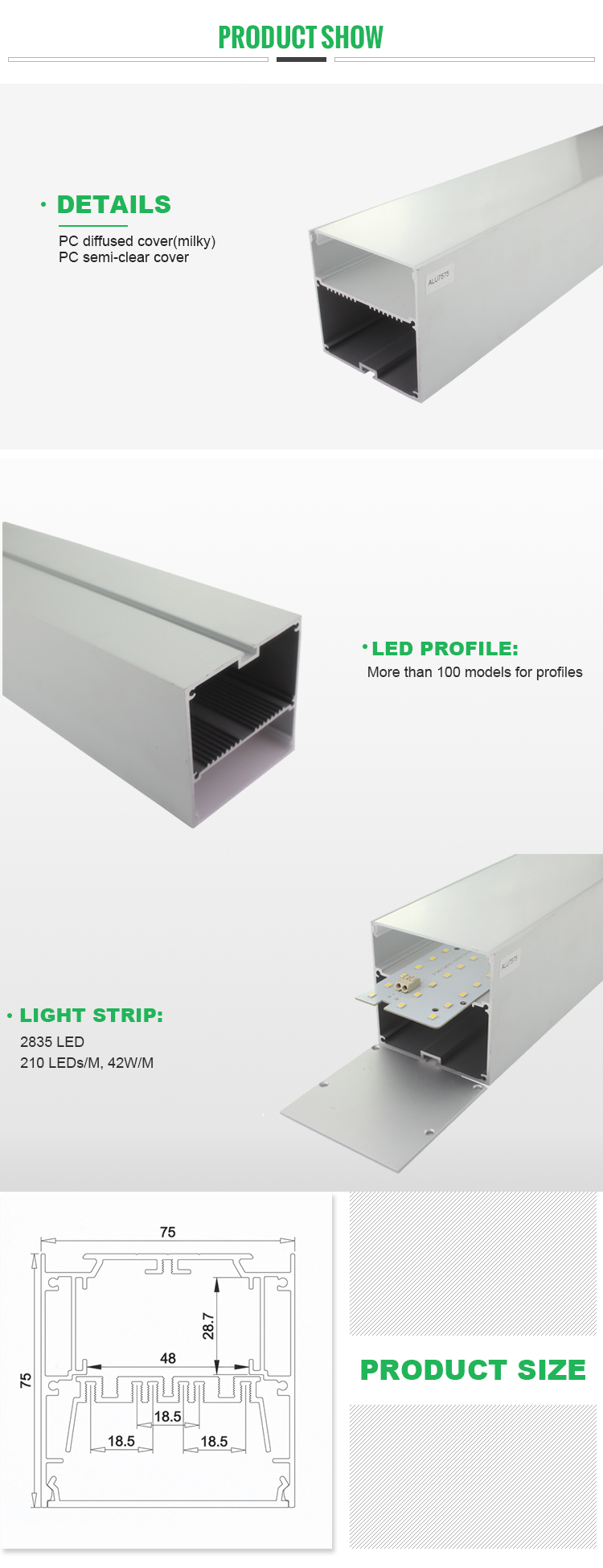 75mm Aluminum U Slot Led Strip Panel Aluminium Profile For Pendant ...