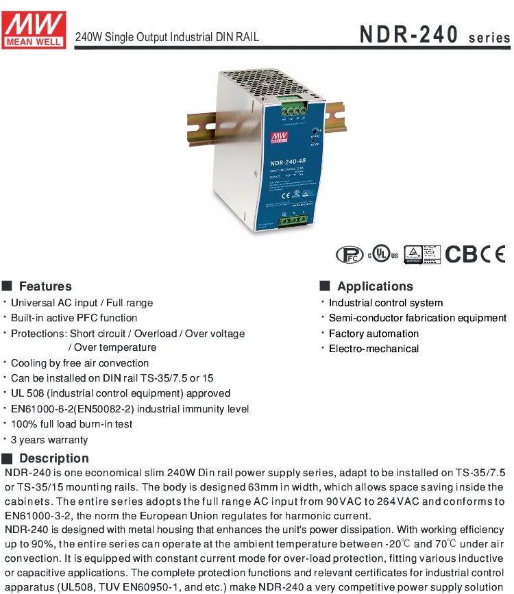 Mean Well NDR-240-24 Power Supply - Reliable 240W 24V DC