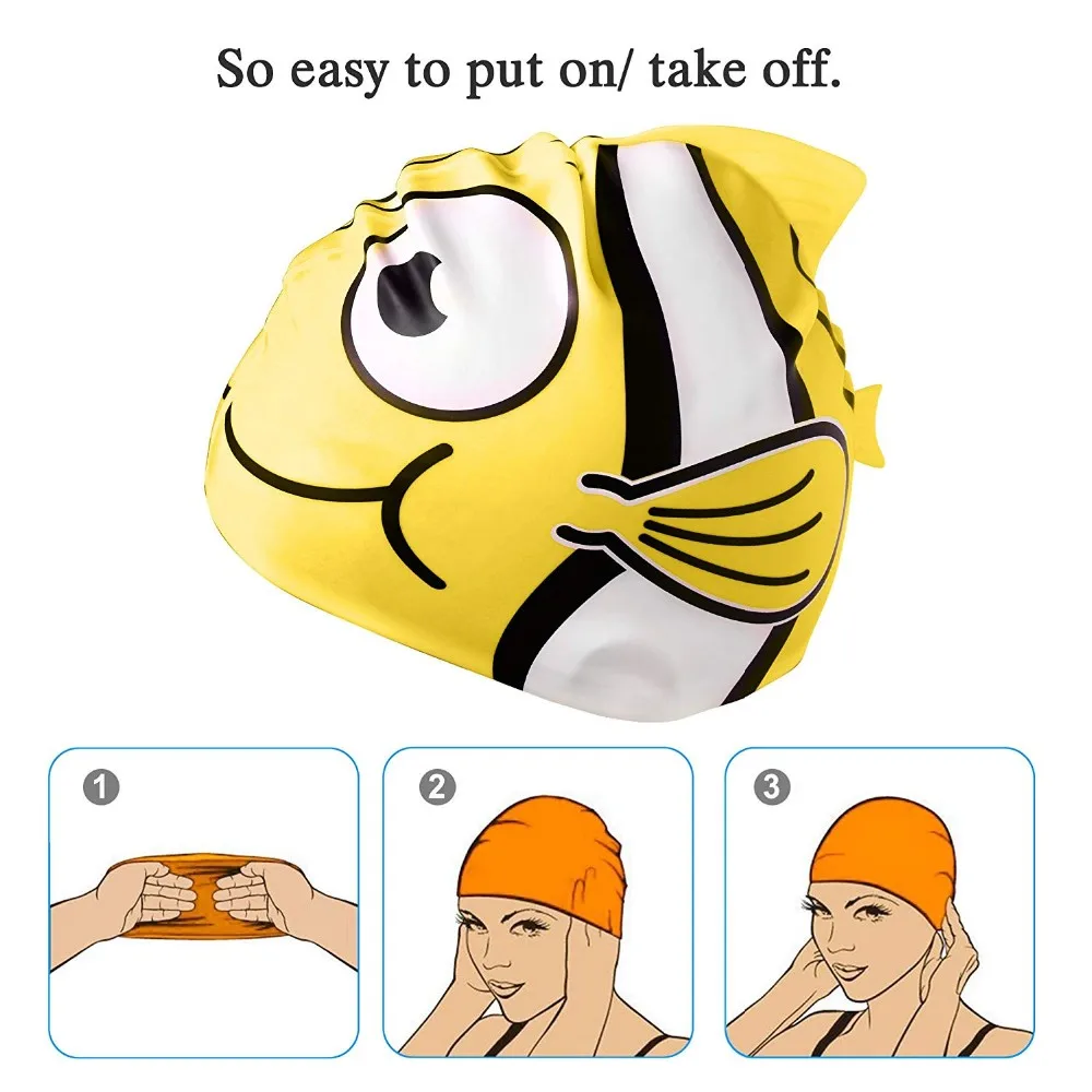 Factory Price Smart Cartoon Print Fish Shape Kids Silicone Swim Cap For ...