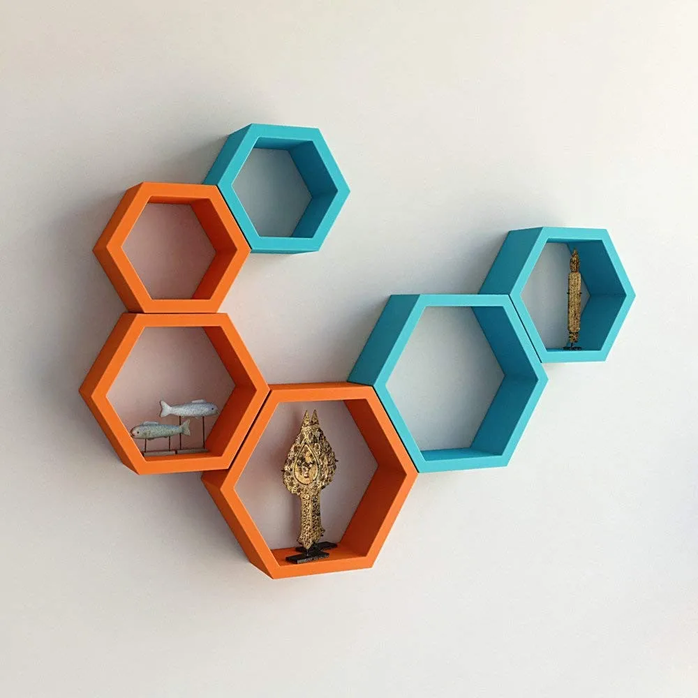 6 Piece Hexagon Shape MDF Wall Shelf - Customizable Design