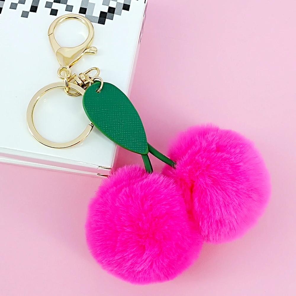 Yongze Fashion Fur Pompon Rabbit Key Fluffy Cherry Pu Leaf Fakel Fluffy ...