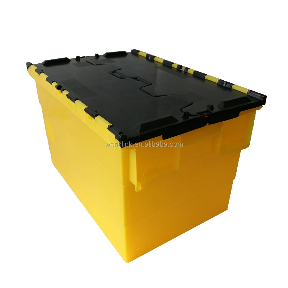 70L Storage Moving Packing Attach Hinged Lid Heavy Duty Plastic Boxes ...