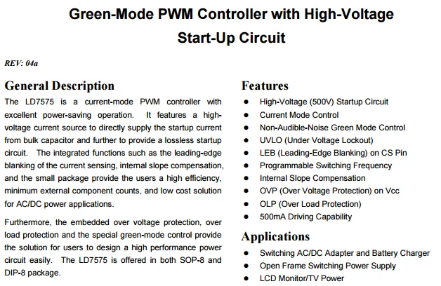 LD7575PS Green-Mode PWM Controller 와 (High) 저 (-Voltage Start-업 회로| Alibaba.com