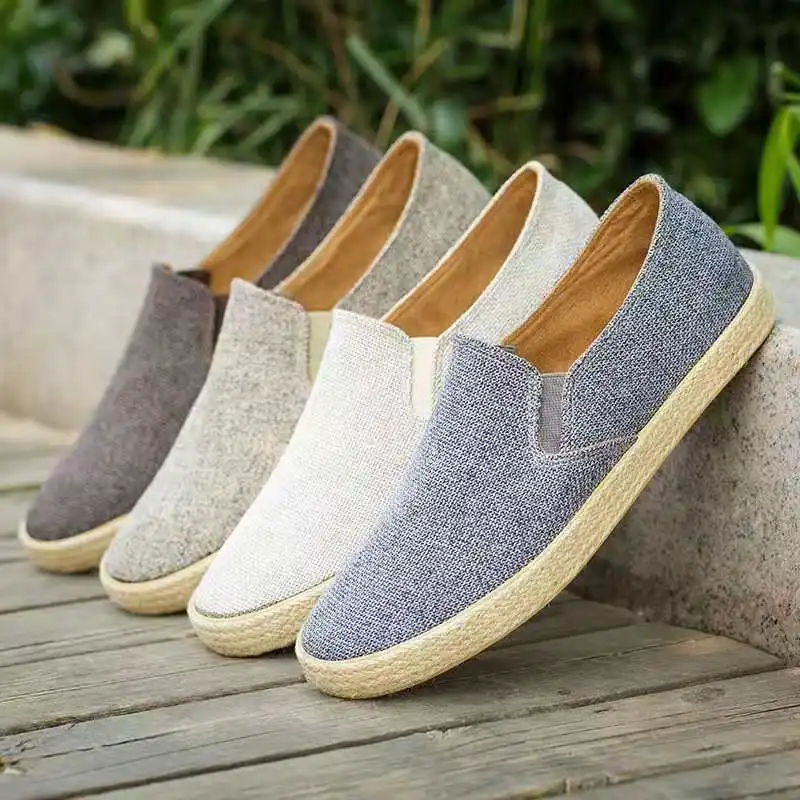Men's Casual Linen Slip-on Shoes - Brown & White Rope Foxing
