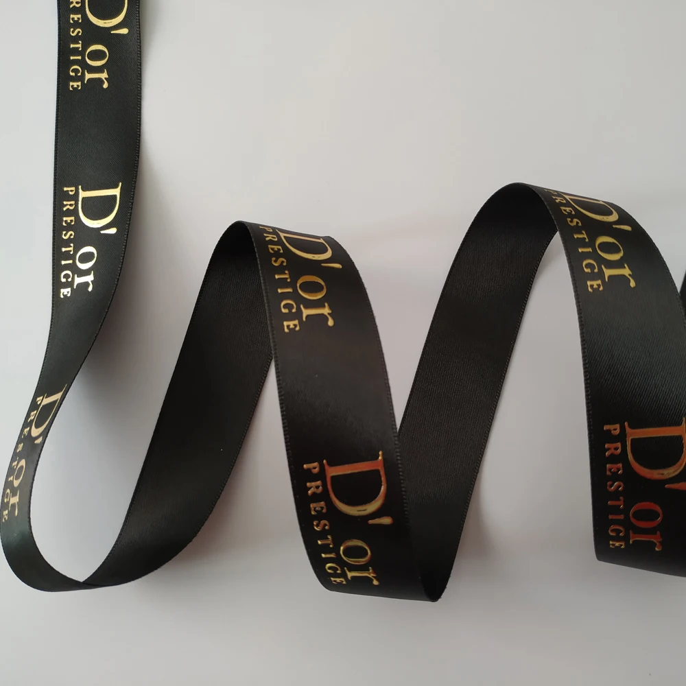 Custom Gold Foil Printed 3D Logo Gift Polyester Satin Ribbon