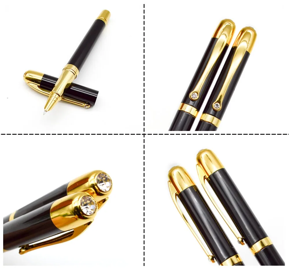 Luxury Black and Gold Fountain Pen with Diamond Detail
