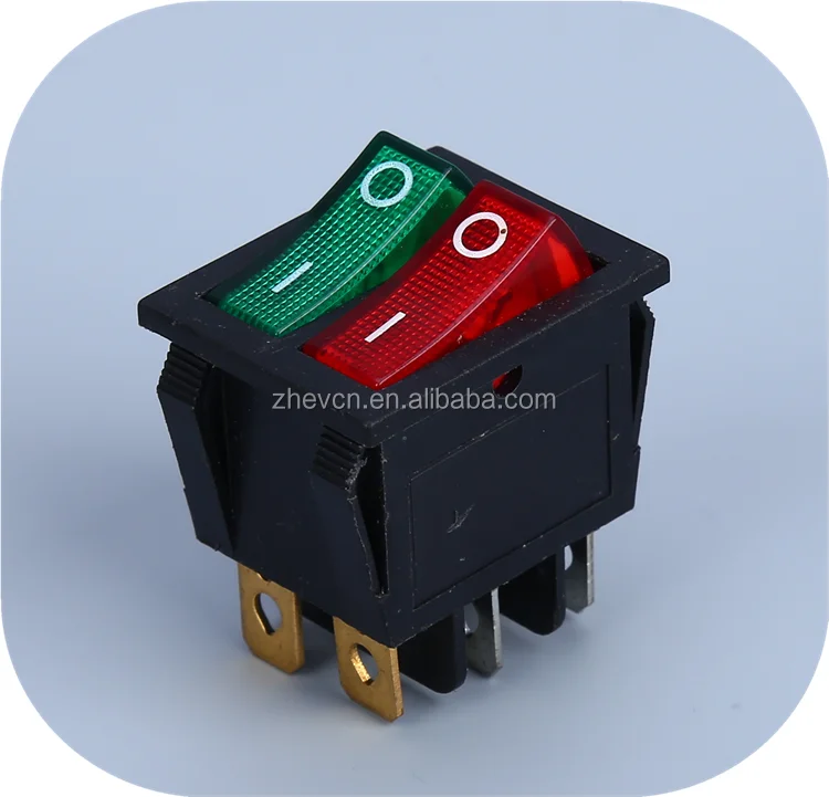 Dpdt 220v Red Green Double Pole Rocker Switch With 6 Pins On Off Light ...