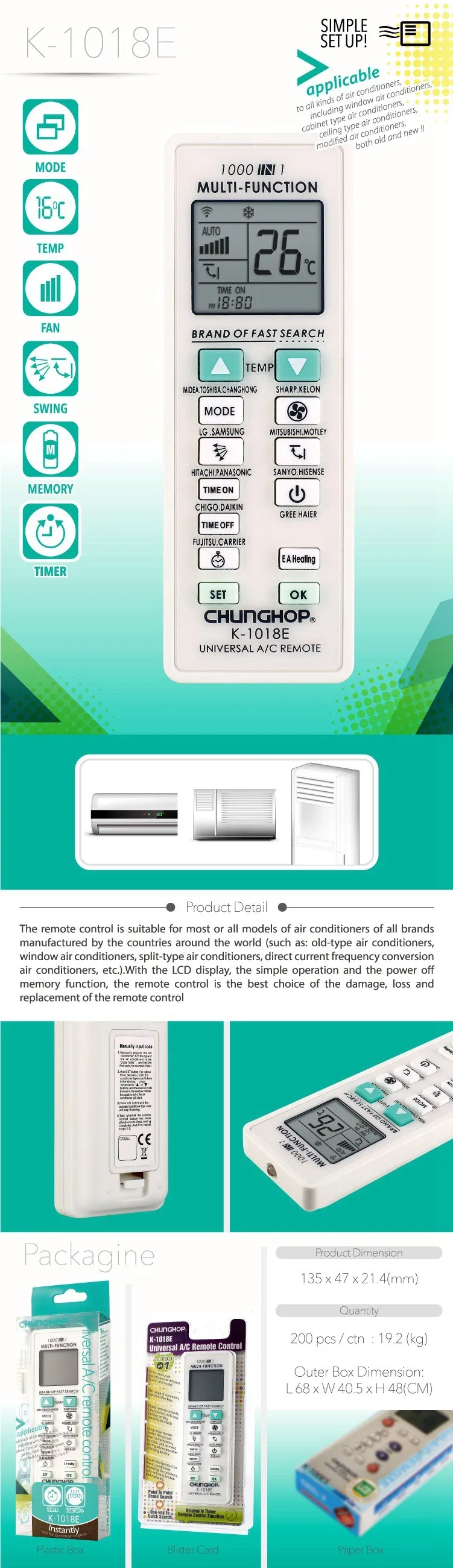 Chunghop K-1018E Universal A/C controller Air Conditioner air ...