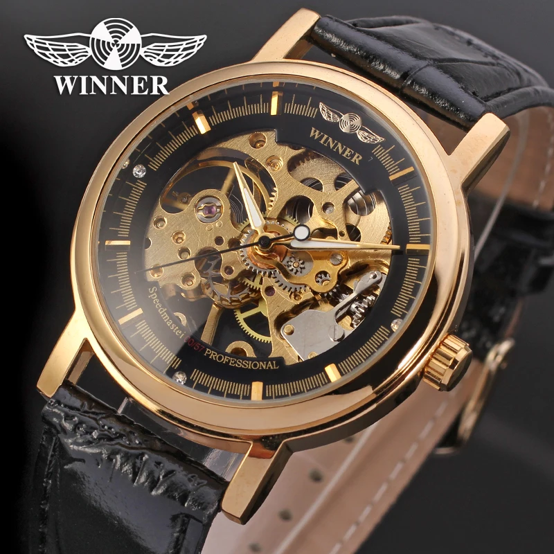 Classic Black Leather Skeleton Golden Mechanical Sports Army Men's T ...