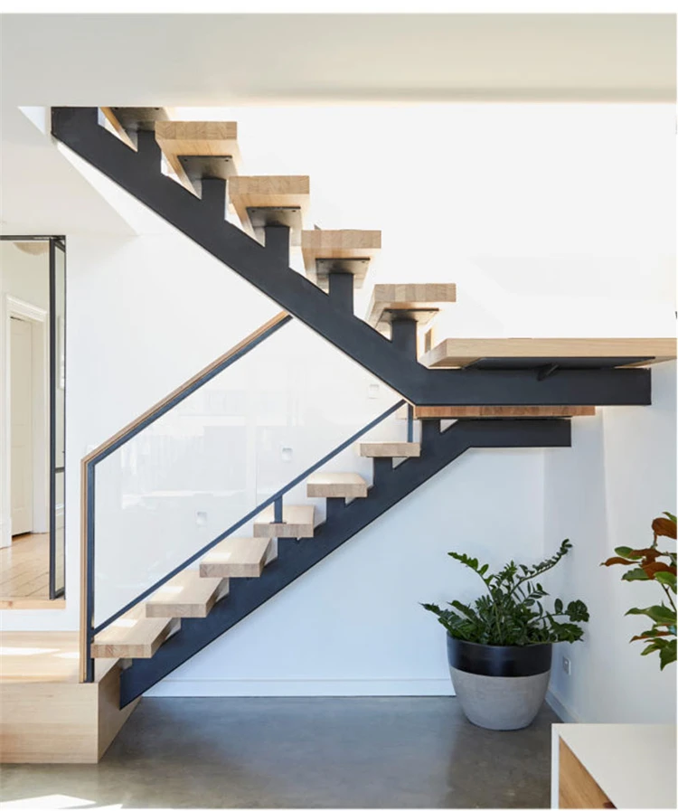 Modern Glass Railing Single Stringer Stairs with Wood Treads - Custom ...