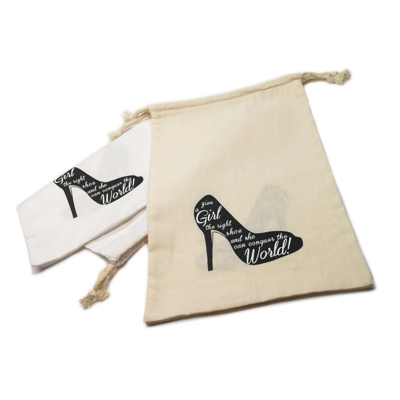 Custom Silk Printed Cotton Muslin Drawstring Travel Shoe Pouch Bag With ...