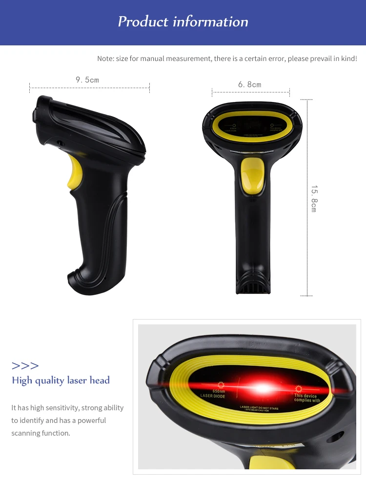 Wired Automatic Handheld Usb Laser Warehouse Barcode Scanner 1d Bar ...