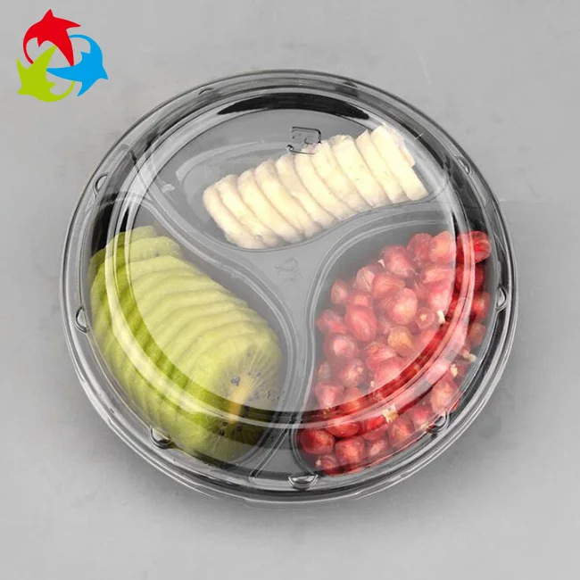 Customized Disposable Round Three Compartment Plastic Fruit Container ...