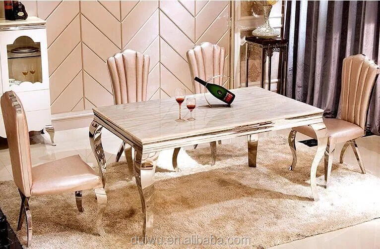 Modern Natural Coffee Color Marble Korean Dining Table Stainless Steel ...