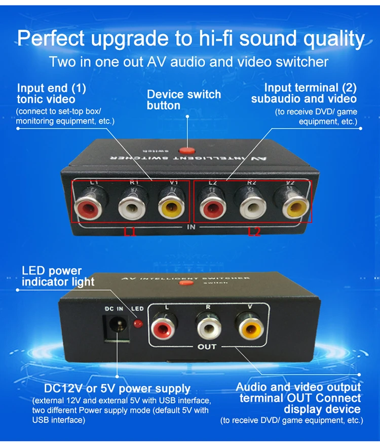 2 in 1 Out Intelligent AV Matrix Video Switcher with RCA Jacks