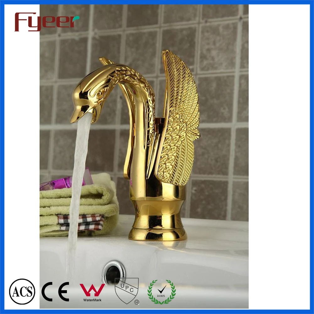 Fyeer Luxury Gold Plated Dual Handle Swan Shape Animal Faucet Bathroom ...