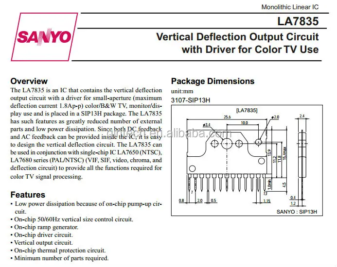 Vertical Deflection Output Circuit With Driver For Color Tv Use La7835 ...