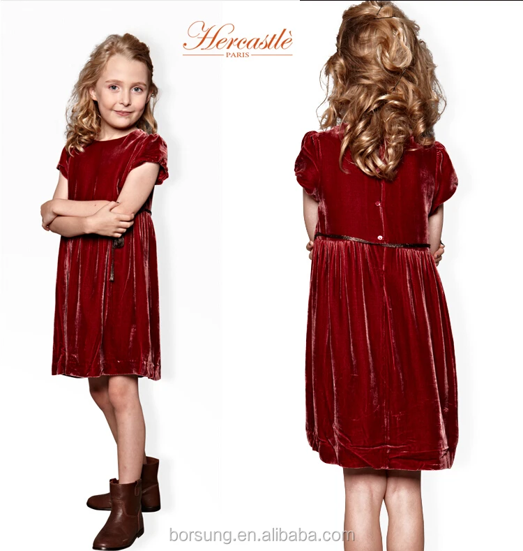 2015 Europe Elegant Red Velvet Girls Party Dress Puff Sleeve Medium New ...