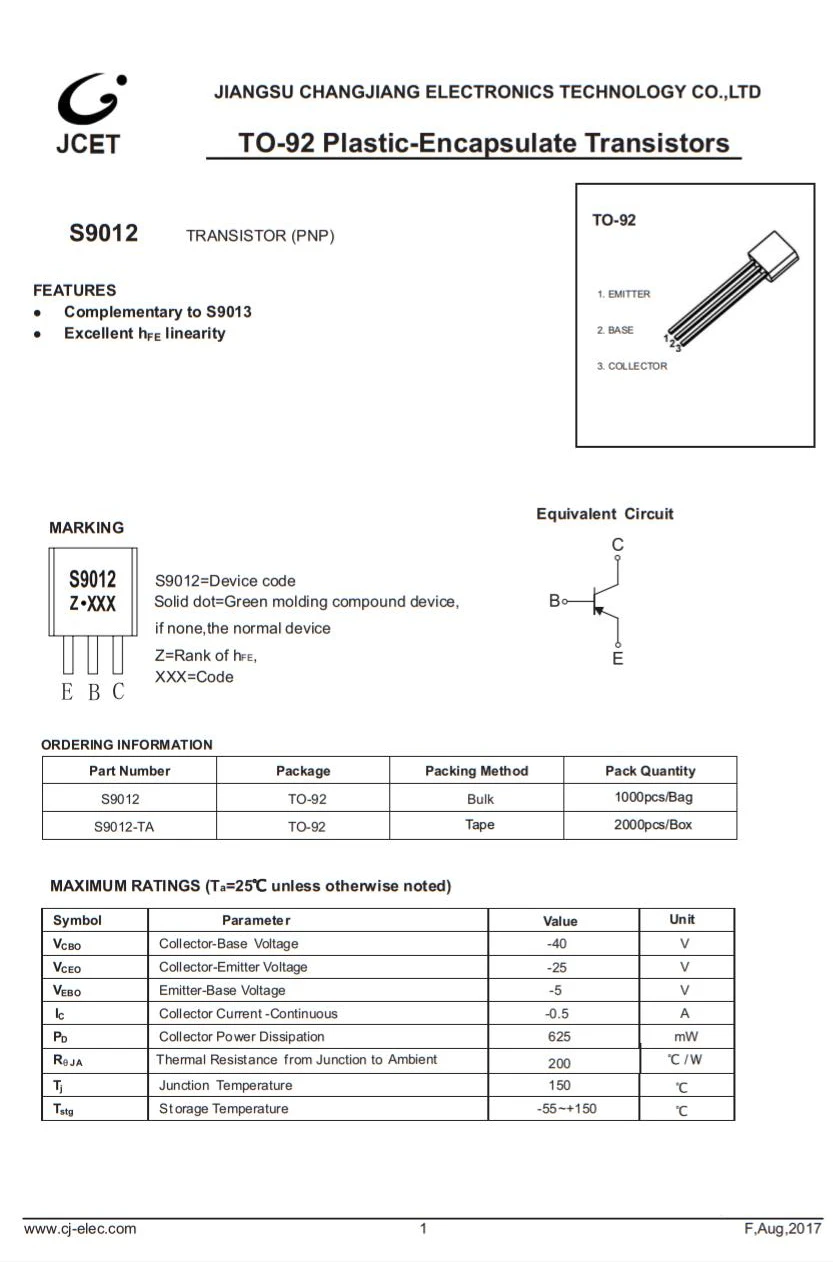 Bipolar Junction Transistor 9012h 0.5a/25v To-92-3 Bjt Dip S9012 To-92 ...