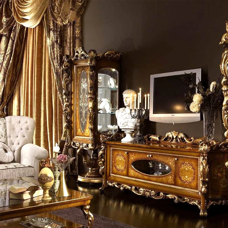 Luxury French Rococo Style TV Stand - Solid Wood Cabinet