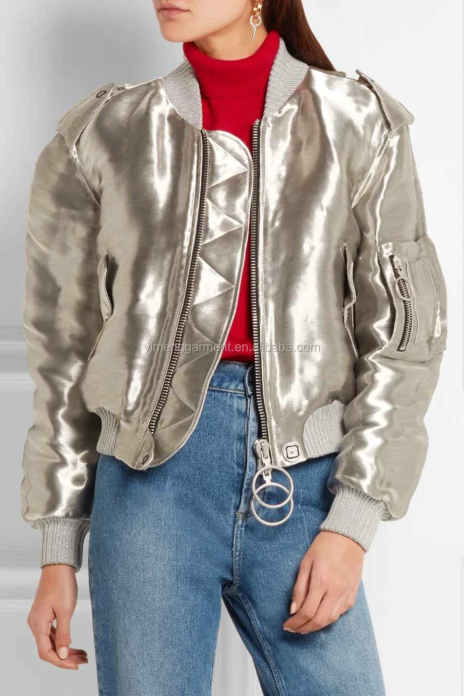 2018 Fashion Silver Taffeta Reflective Women Satin Jacket Quilted ...