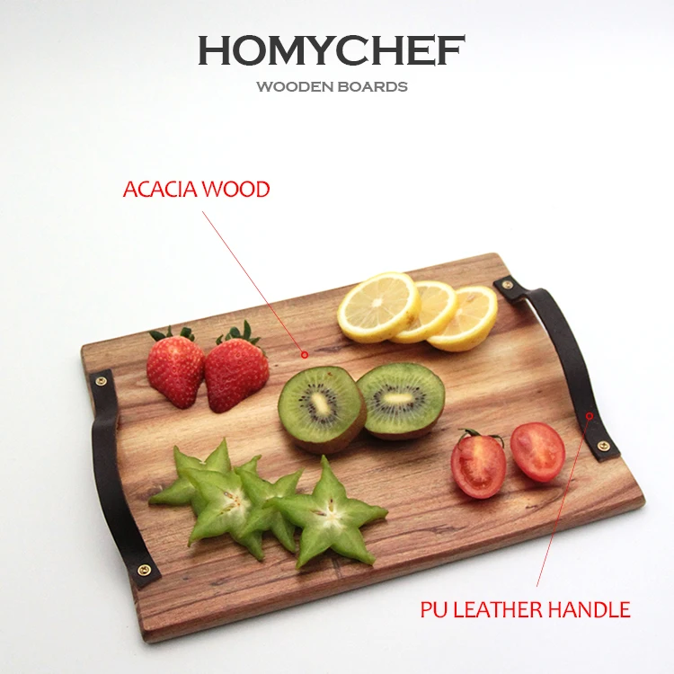 Acacia Wood Serving Tray 38x23cm Rectangle Wooden Tray With Leather ...