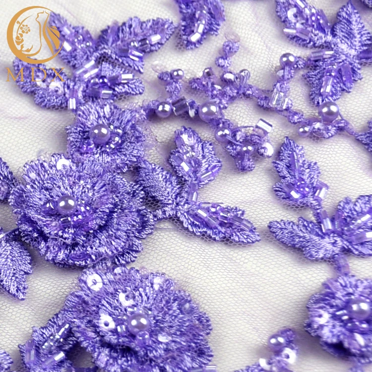 2019 Elegant Purple Beaded Lace Embroidery Mesh Pearls With Sequins ...