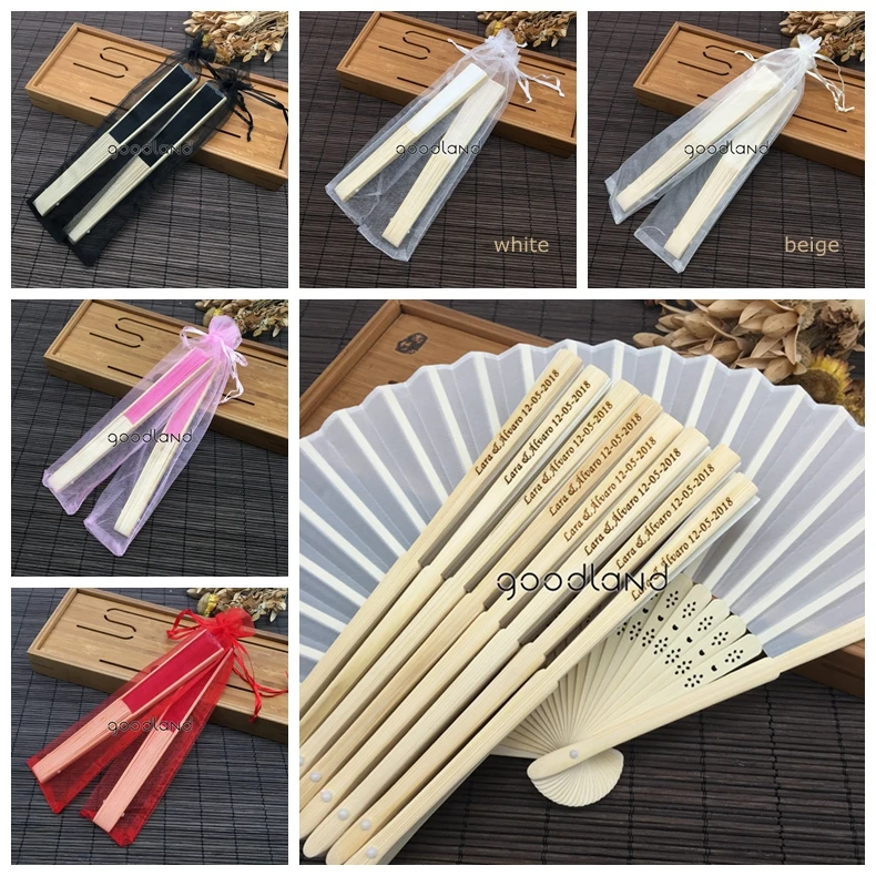 Cheap Chinese White Silk Fabric Hand Fan Custom With Organza Pouch ...